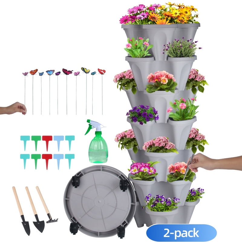 Active Mind Ltd 2 Pack 7-Tier Stackable Planter Tower with Wheels ...