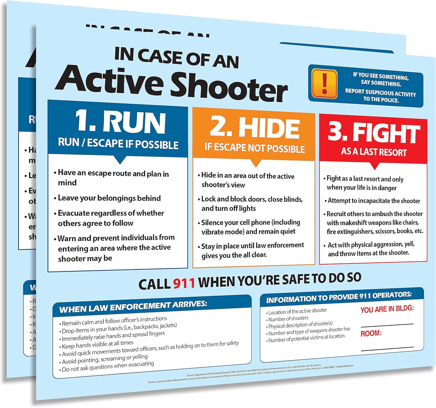 Active Shooter (Run, Hide, Fight) Posters (2 Pack) - School and ...