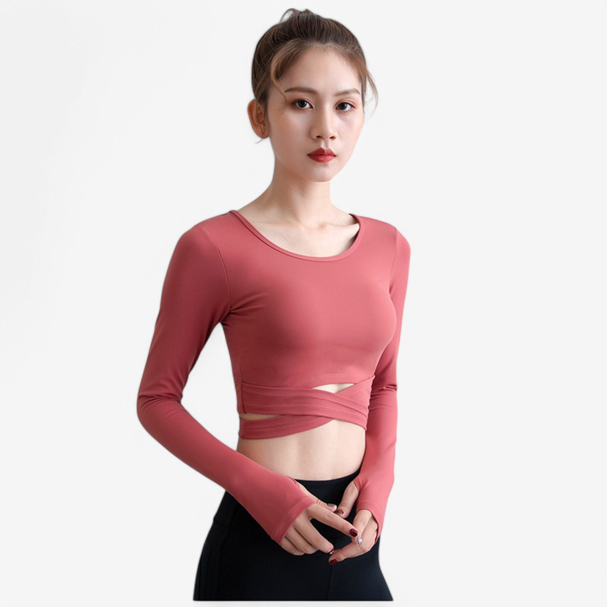 Active Women's Long Sleeve Crop Top with Thumbholes and Cutout Detail - Large, Burgundy ...