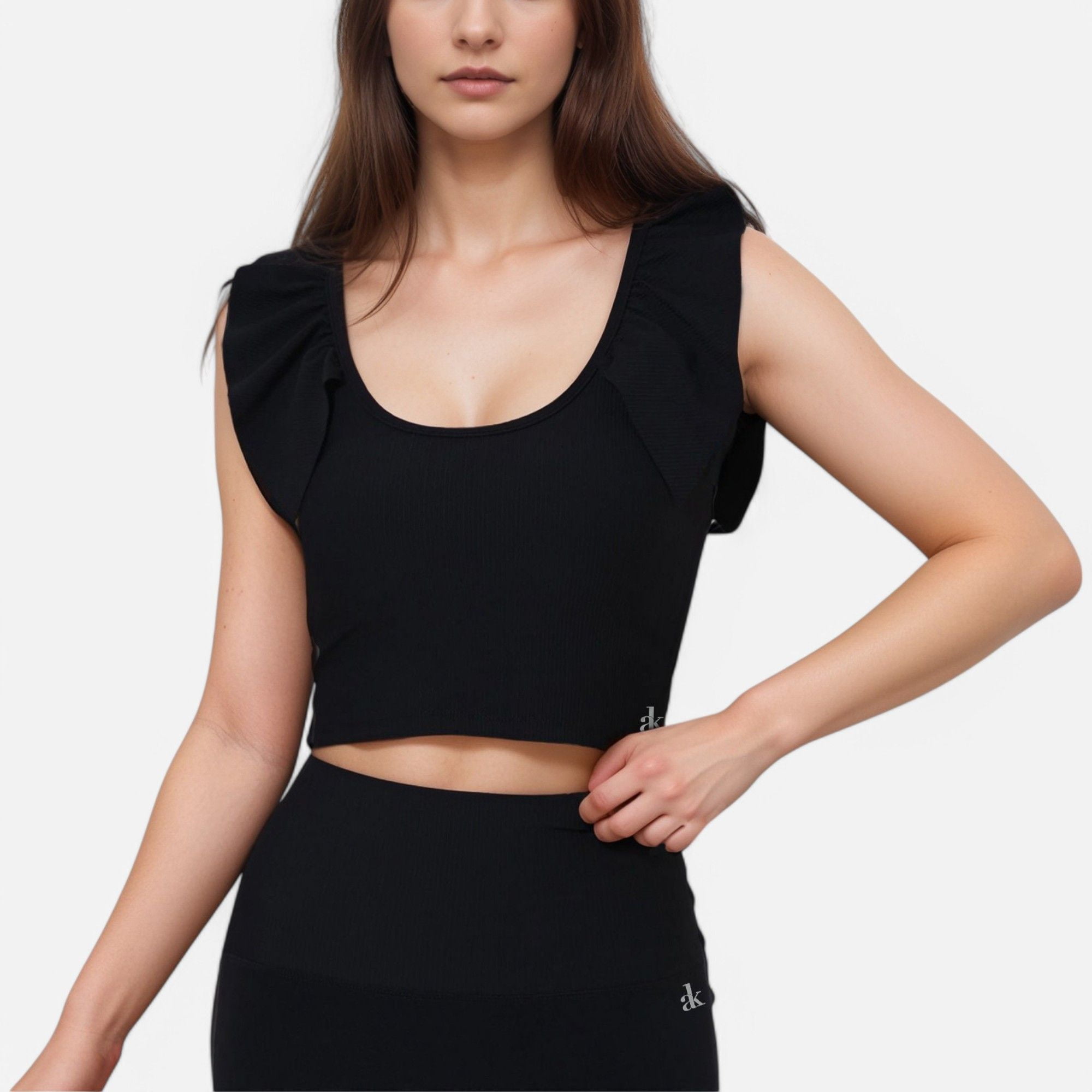 Active Women's Ribbed Scoop Neck Crop Top with Flutter Shoulder Details ...