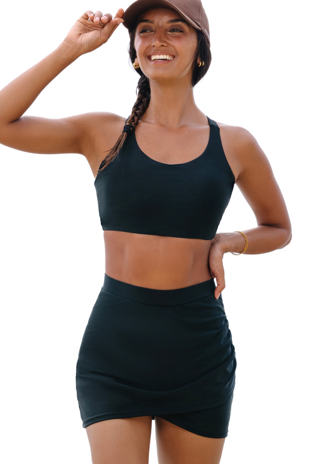 Active Women's Swimwear: Black Crossover Tank Top with Skort and Built ...