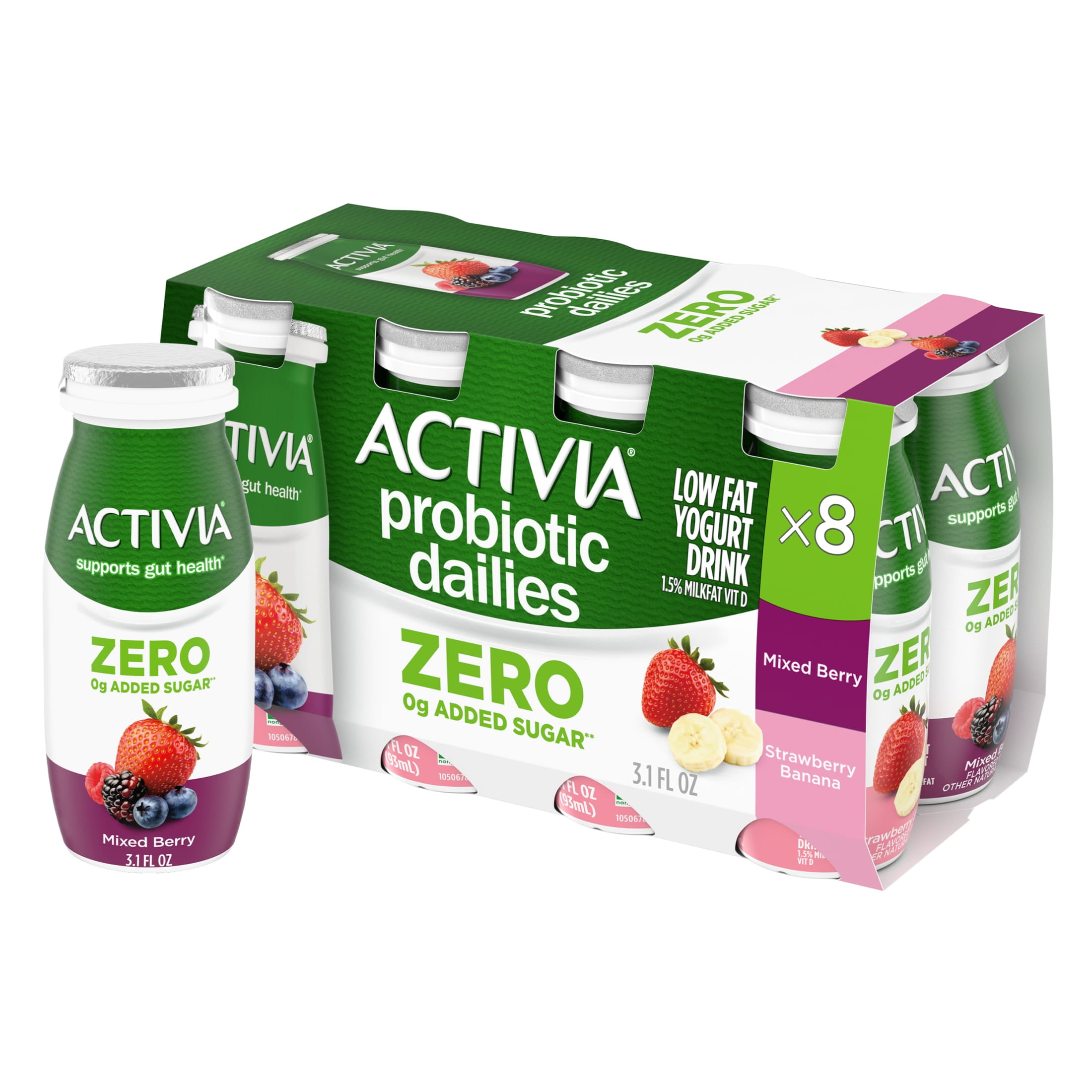 Activia Zero 0g Added Sugar* Strawberry Banana and Mixed Berry Probiotic Dailies, Lowfat ...