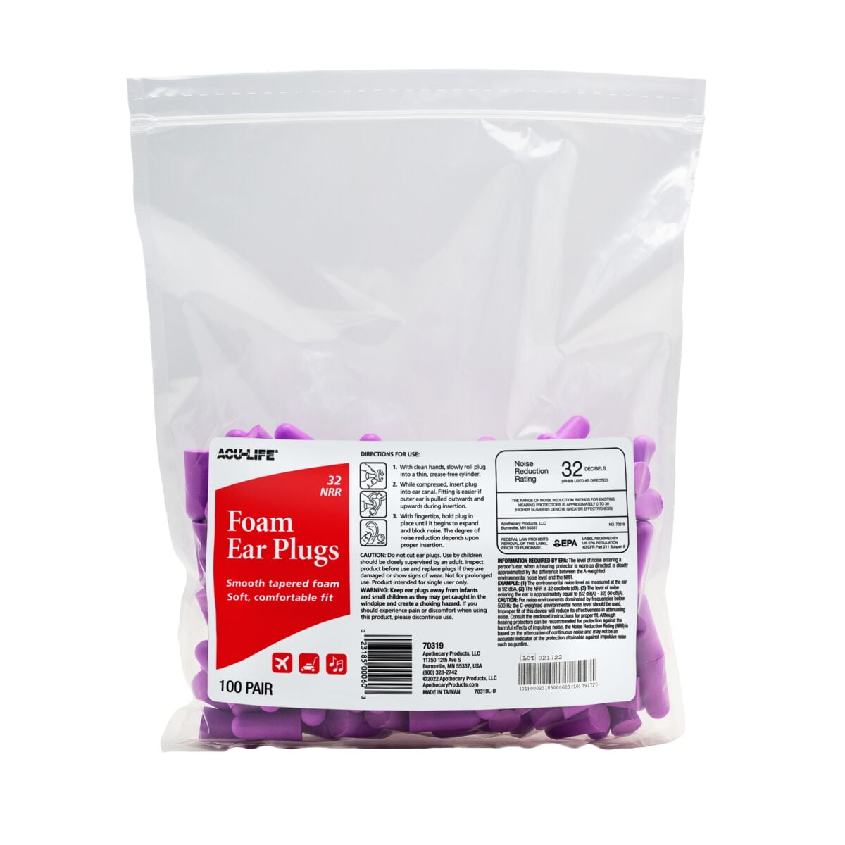 Acu-Life Foam Ear Plugs for Loud Noise, Traveling, Concerts, NRR 32 ...