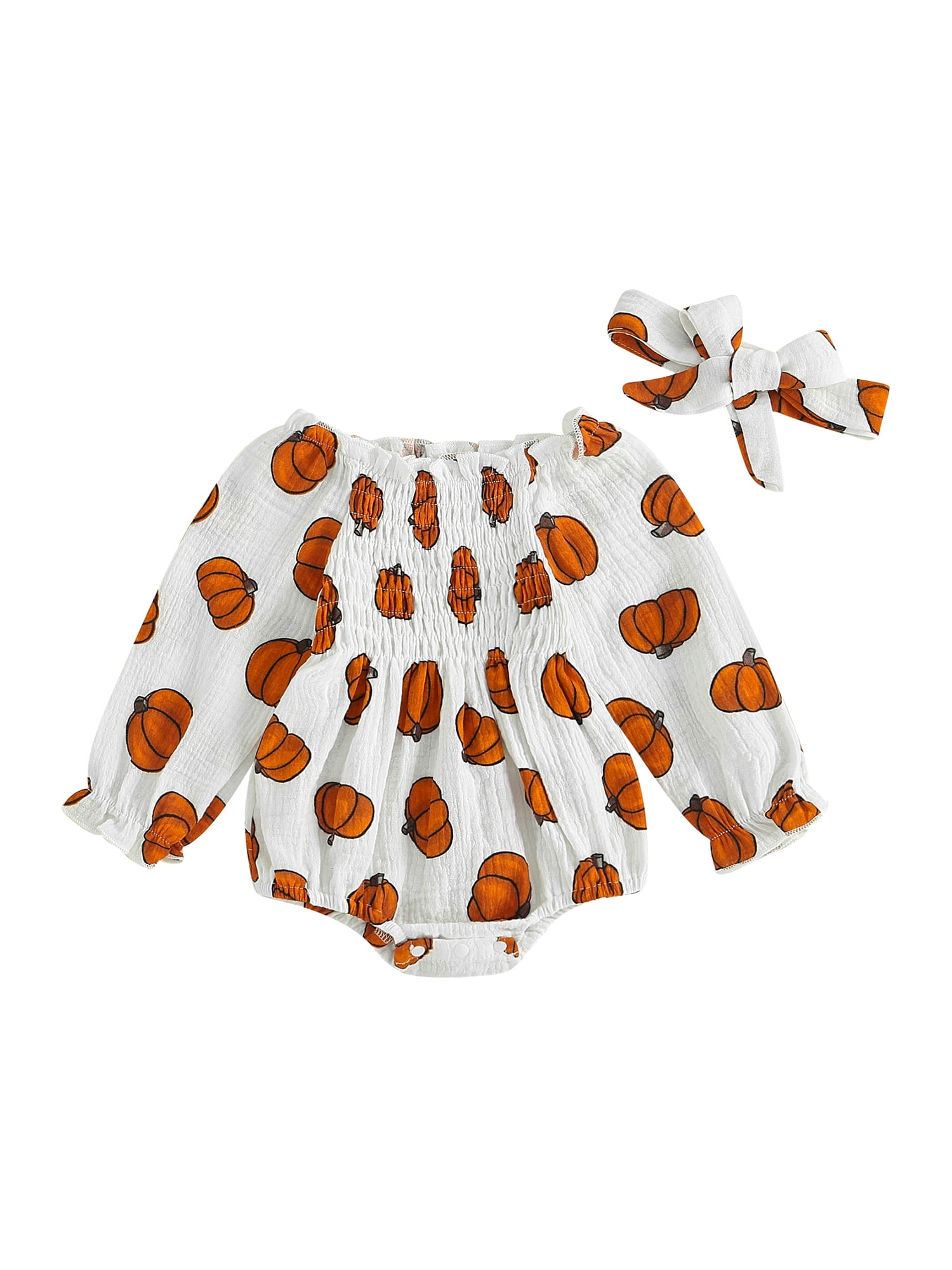 Acuteok Infant Baby Girl Spring Fall Jumpsuit Cartoon Pumpkin Print Off Shoulder Long Sleeve ...