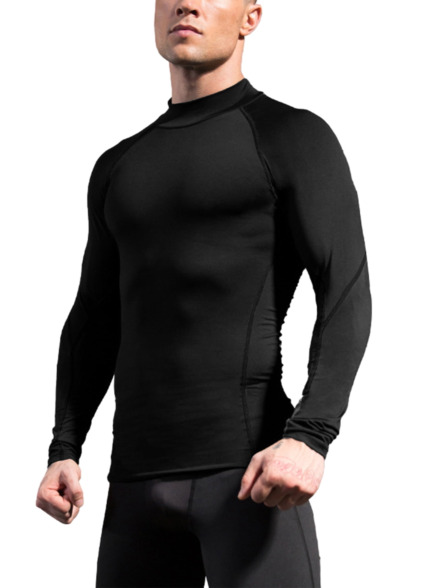 Acuteok Men’s Long Sleeve Workout Tops Mock Neck Slim Fit Compression ...