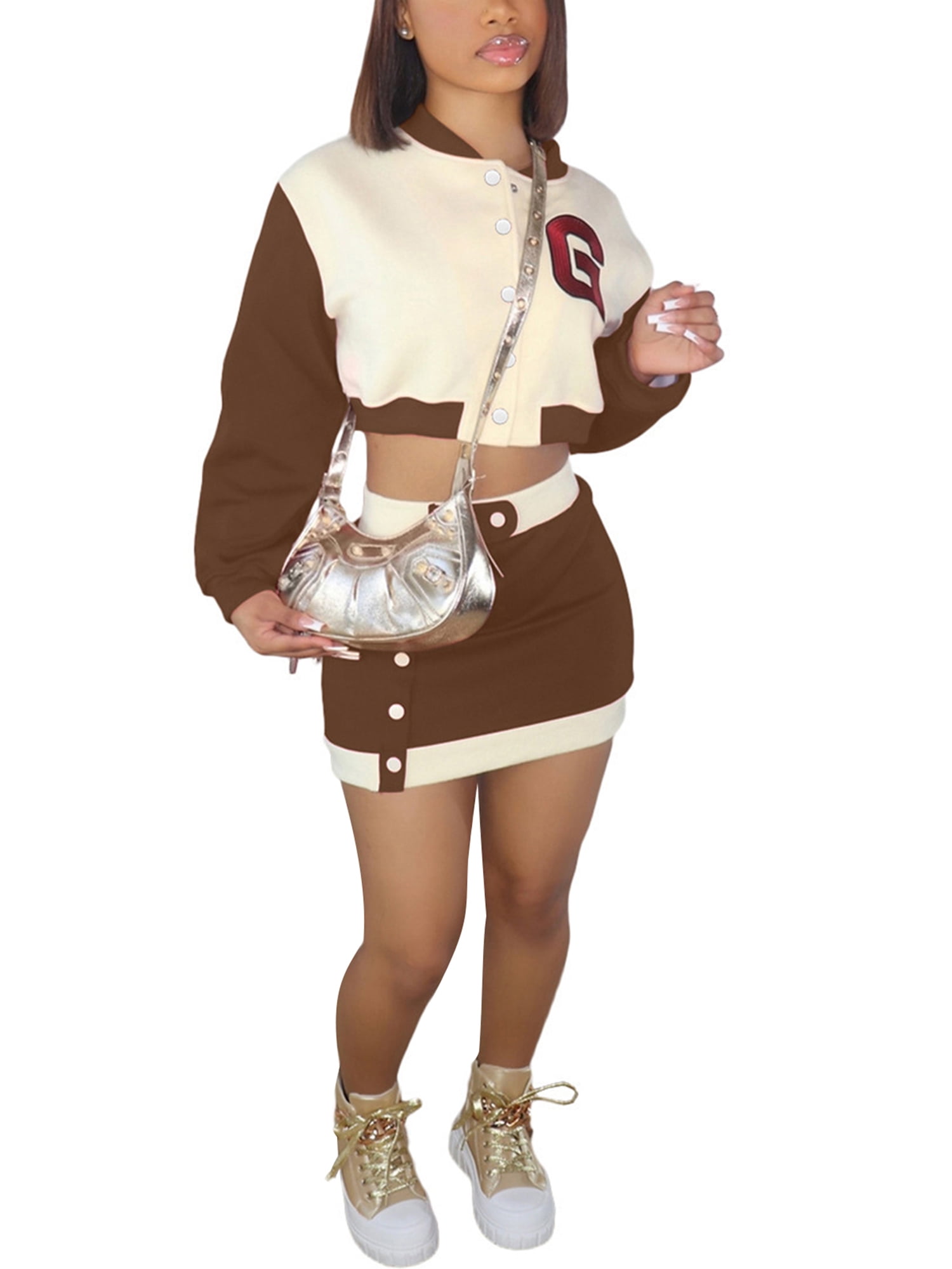 Acuteok Women’s 2 Piece Fall Outfits Long Sleeve Baseball Jacket + Mini ...