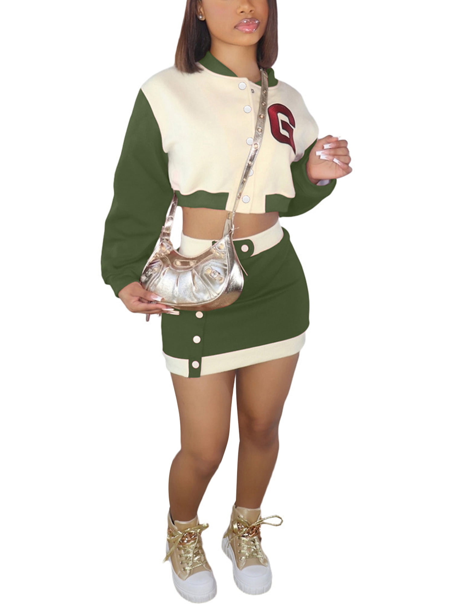 Acuteok Women’s 2 Piece Fall Outfits Long Sleeve Baseball Jacket + Mini ...