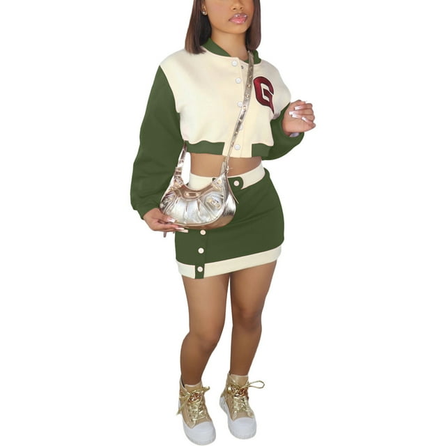 Acuteok Women’s 2 Piece Fall Outfits Long Sleeve Baseball Jacket + Mini ...