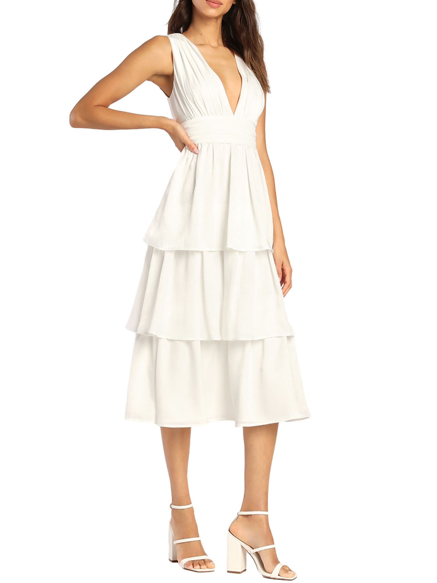 Acuteok Womens Summer Dresses Midi Party Dresses Solid Color