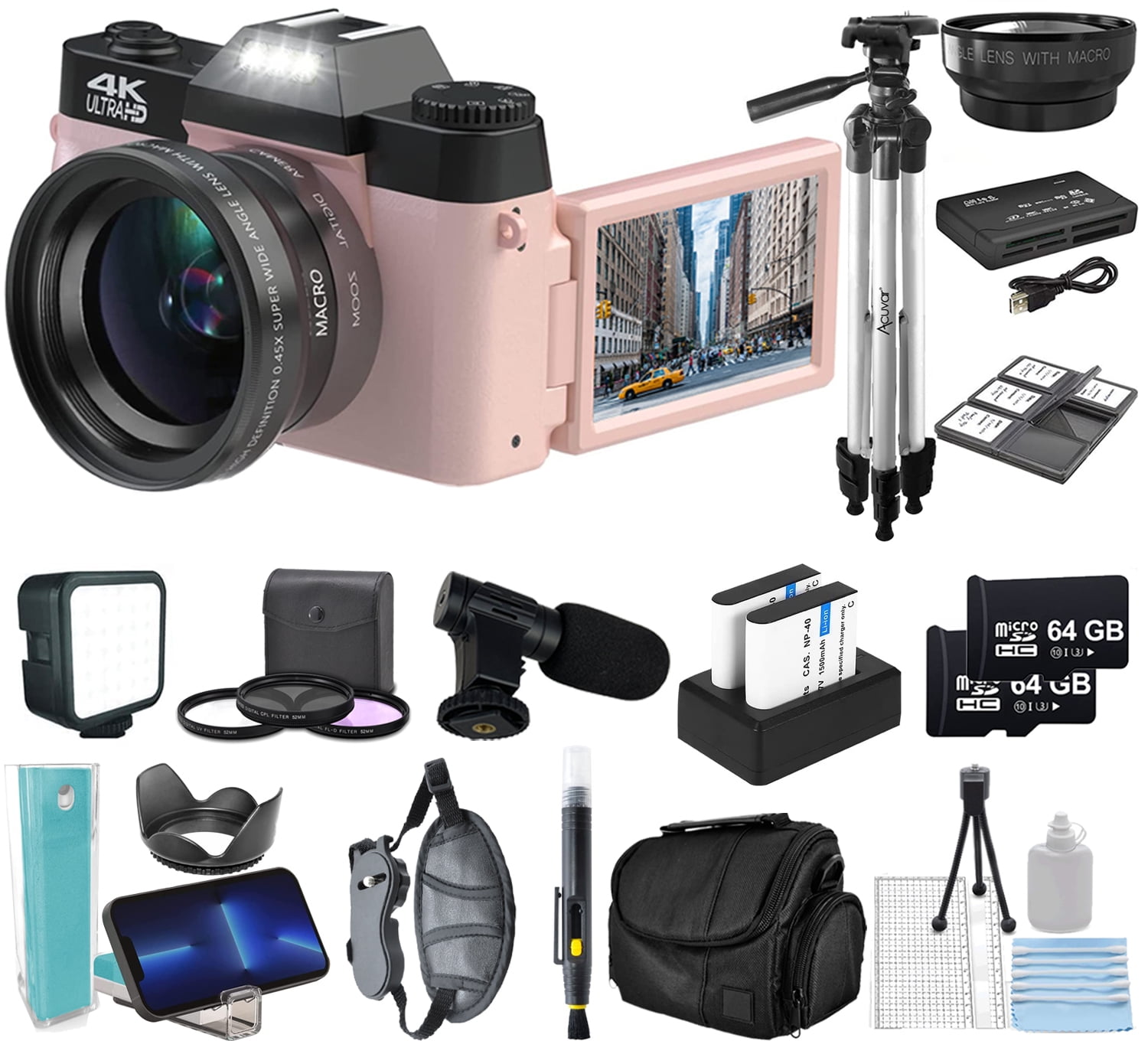 Acuvar 4K Digital Camera Kit with LED 48 MP Wide Angle Lens 2X 64GB ...