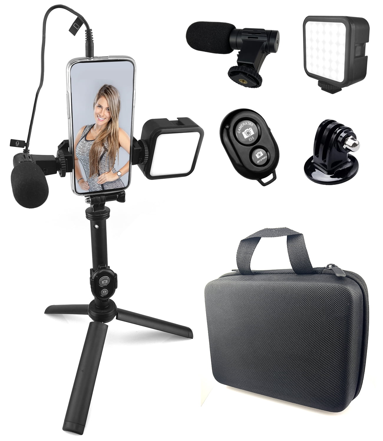 Acuvar Mini Selfie Stick Tripod Vlogging Kit w/LED Light, Rotating ...