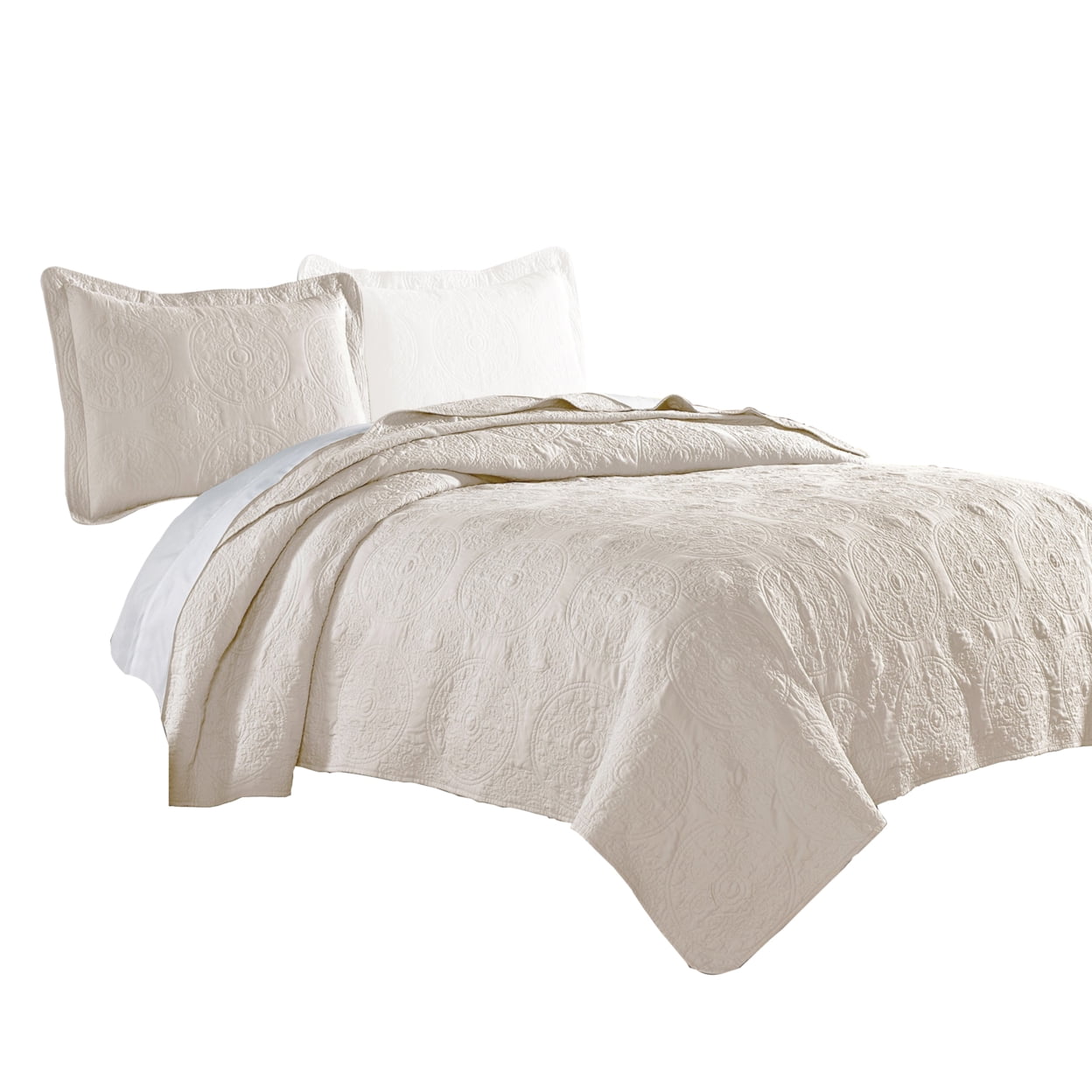 Ada 2 Piece Microfiber Twin Size Quilt Set, Mandala Embroidery, Ivory ...