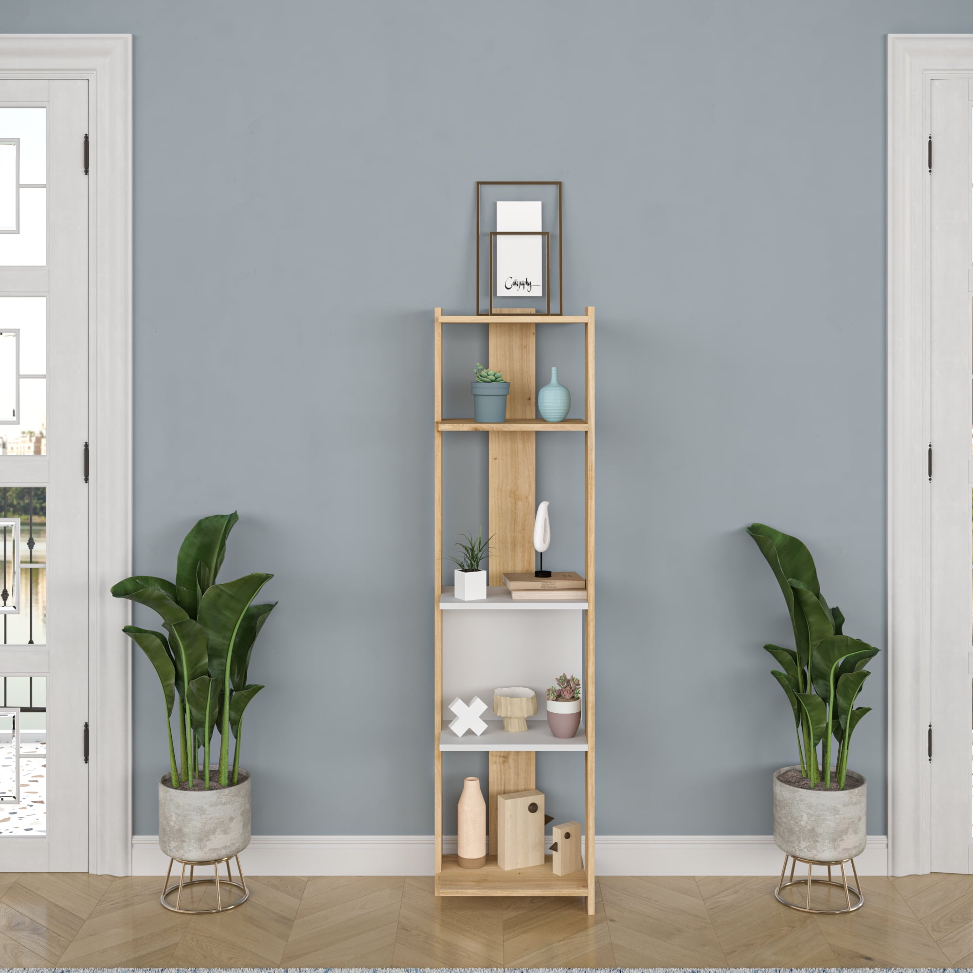 Ada Home Decor Abis 4 Tier Open Shelf Narrow Modern Bookcase, Oak ...