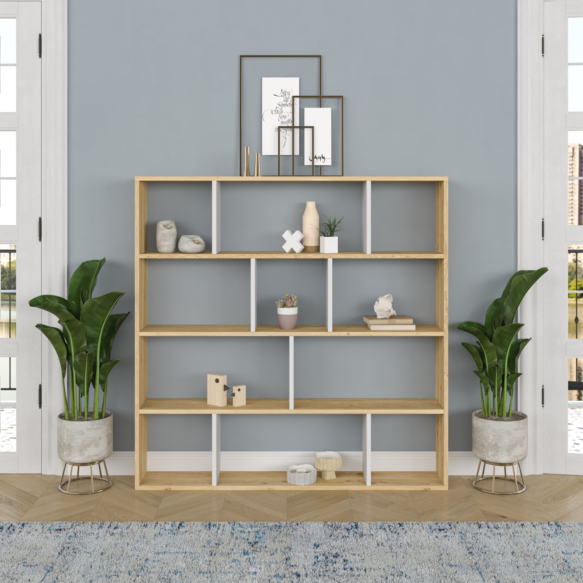 Ada Home Decor Hobdi 4 Tier Open Shelf Cube Modern Bookcase, Oak/White ...