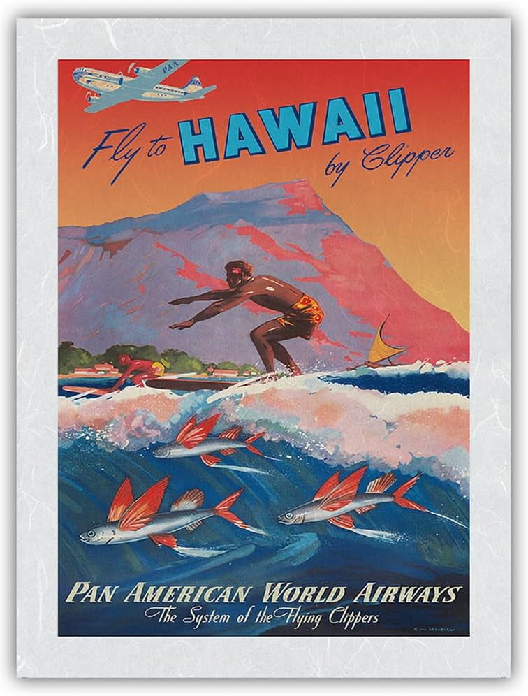 Adale Fly To Hawaii by Clipper Surfer Diamond Head Crater Pan American World Airways Vintage ...