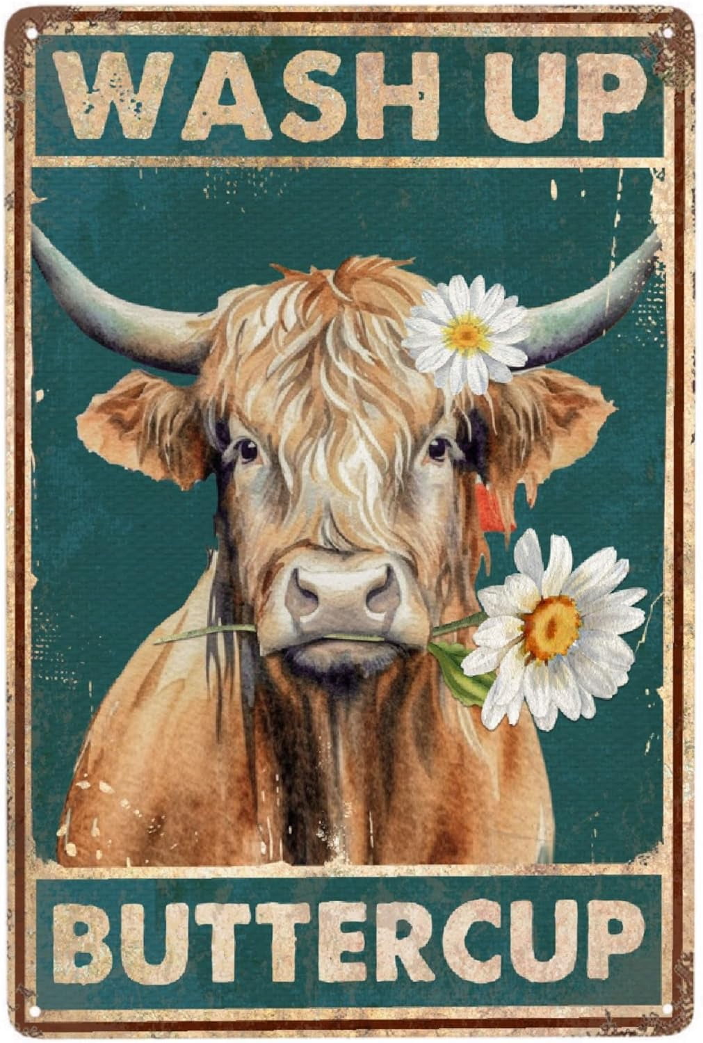Adale Highland Cow Vintage Metal Wash Up Buttercup Sign Decor-Retro ...