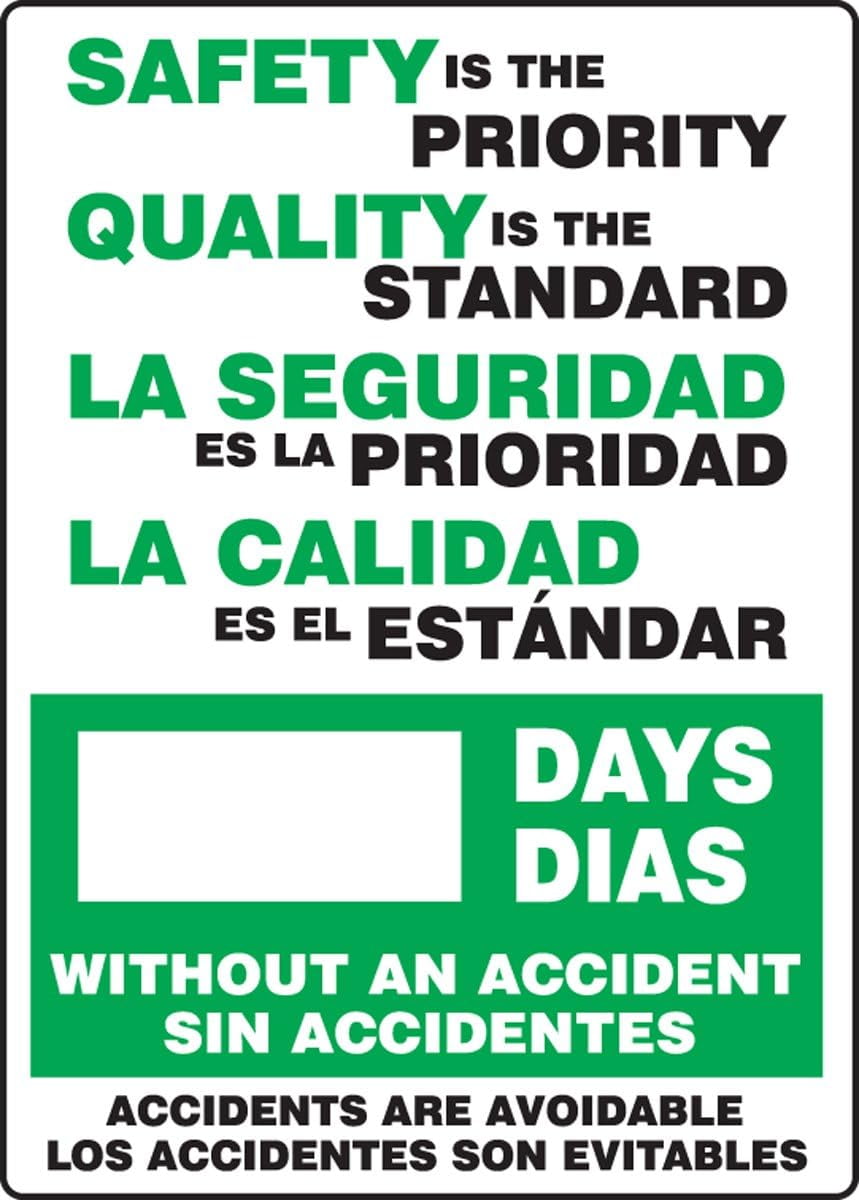 Adale NMC Bilingual Spanish Dry Erase Safety Scoreboard Sign “Safety is the Priority Quality is ...