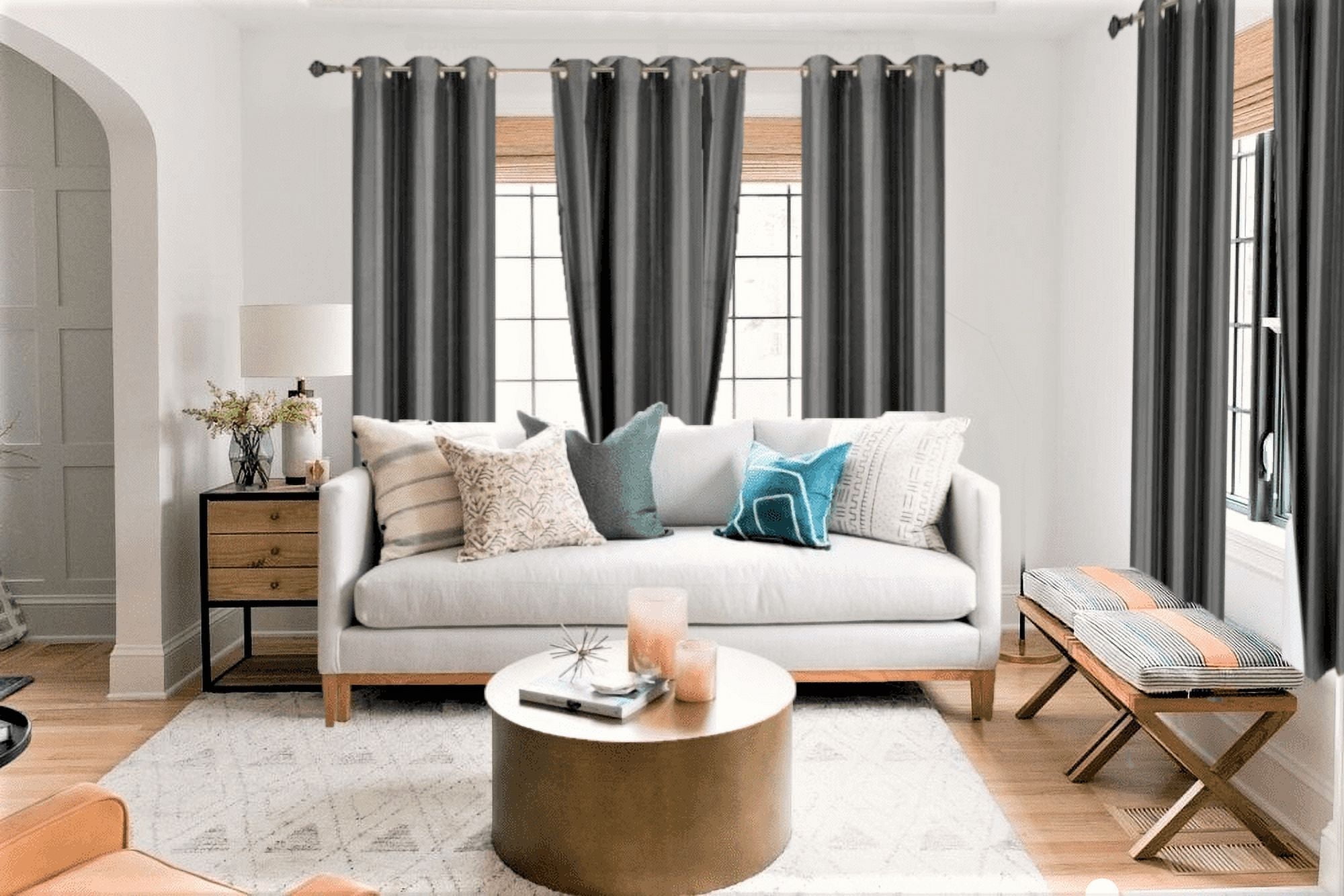 Adam Set of 2 Panels Grommet Top, Blackout Faux Silk Charcoal Window ...