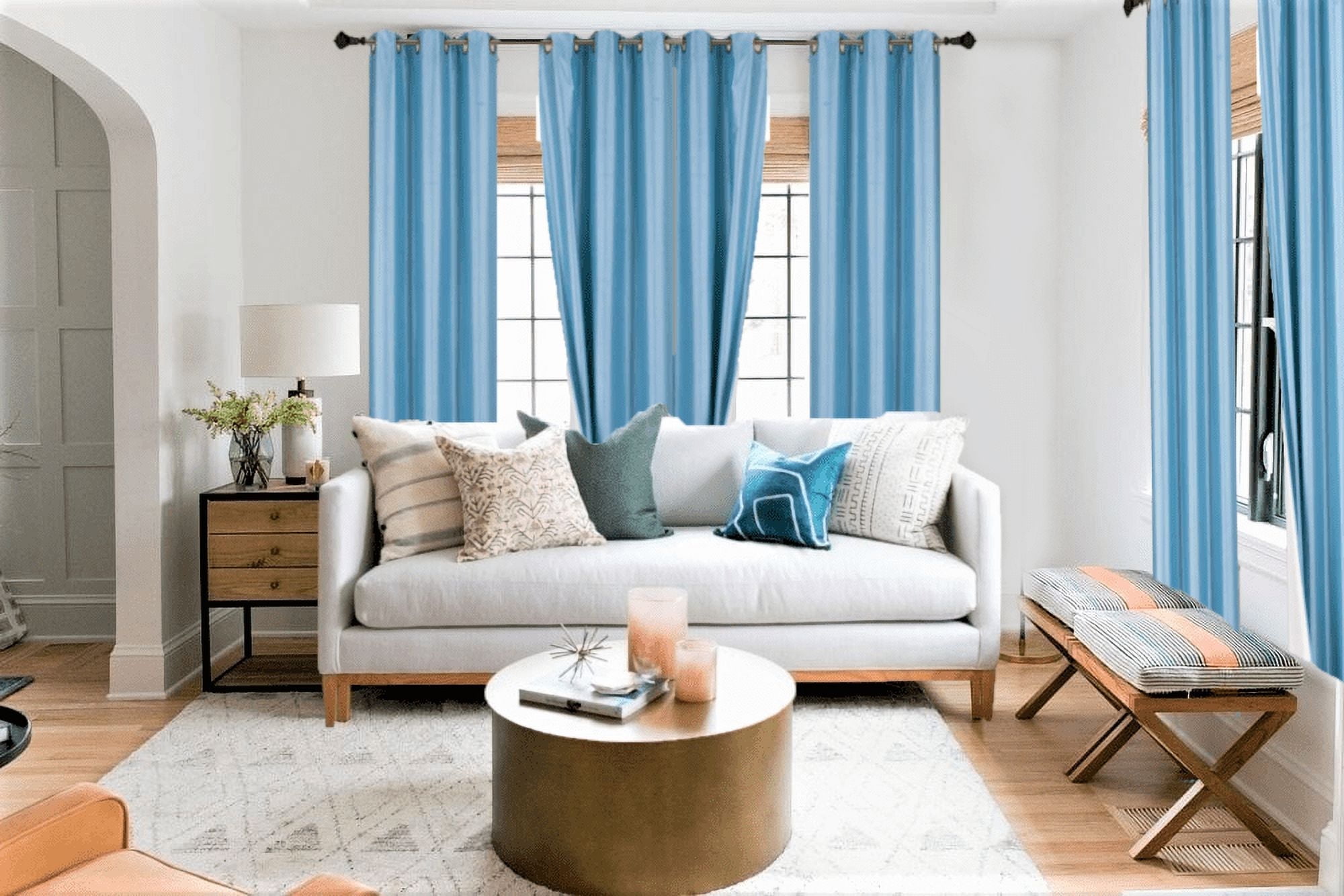 Adam Set of 2 Panels Grommet Top, Blackout Faux Silk Light Blue Window ...