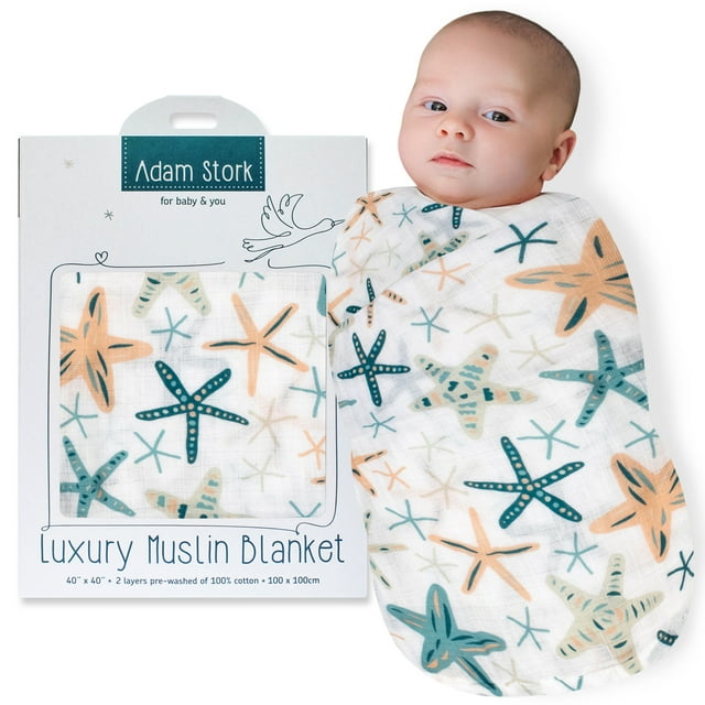 Adam Stork. Organic Cotton Muslin Baby Swaddle Blanket - Large 40 x 40 ...