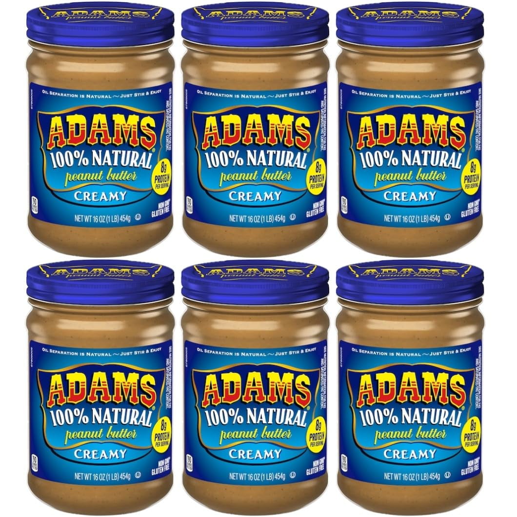 Adams 100% Natural Creamy Peanut Butter, 16 Ounce Jar, Pack of 6 ...
