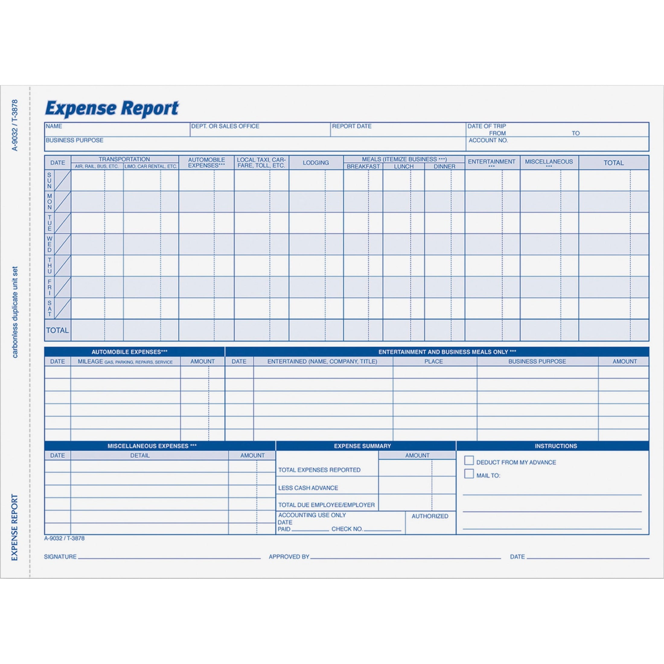 Adams Weekly Expense Report Forms, 50 Pack, White Canary, Carbonless ...