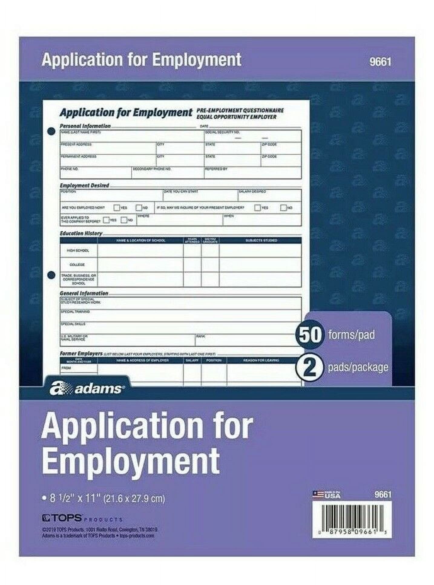 Adams Letter-Size Employment Application Forms, 50 Sheets/Pad, 2-Pack ...