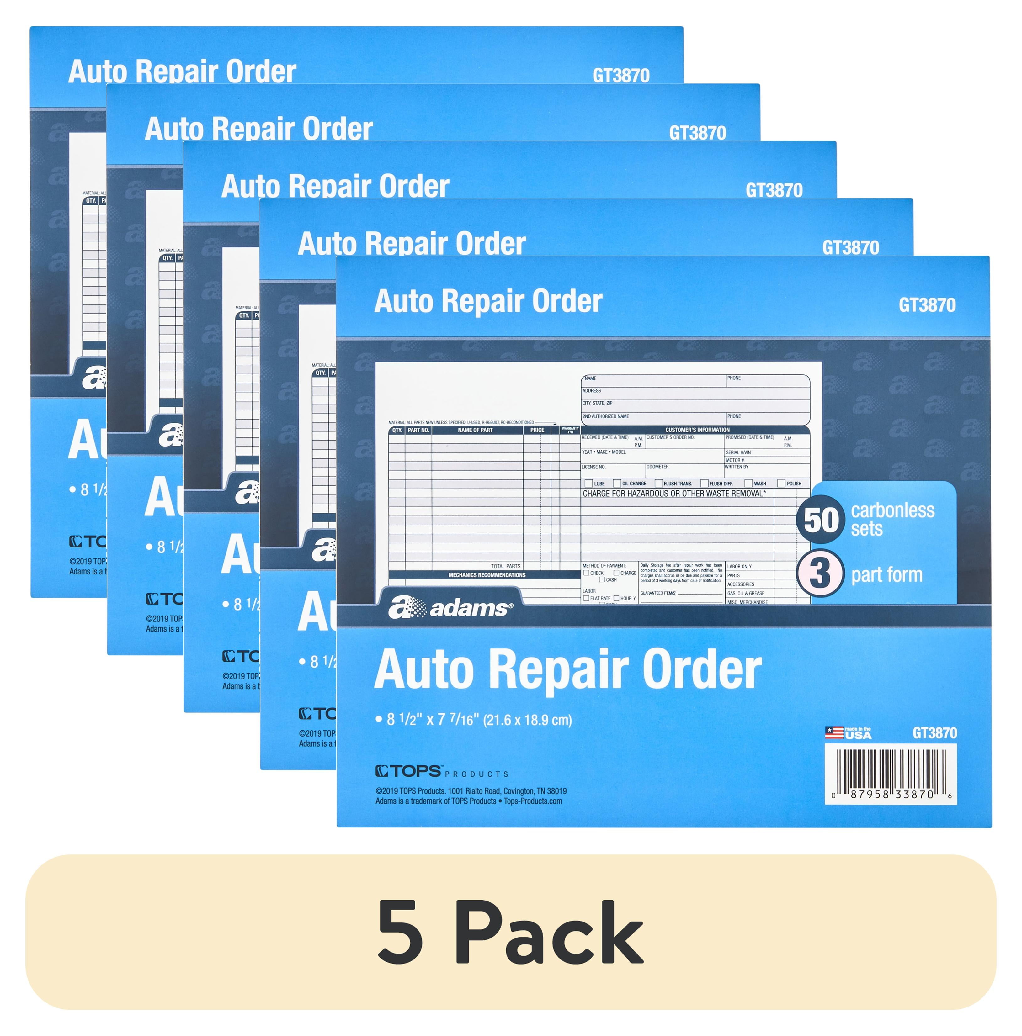 (5 pack) Adams Auto Repair Order Book, 3-Part Carbonless, White/Canary ...