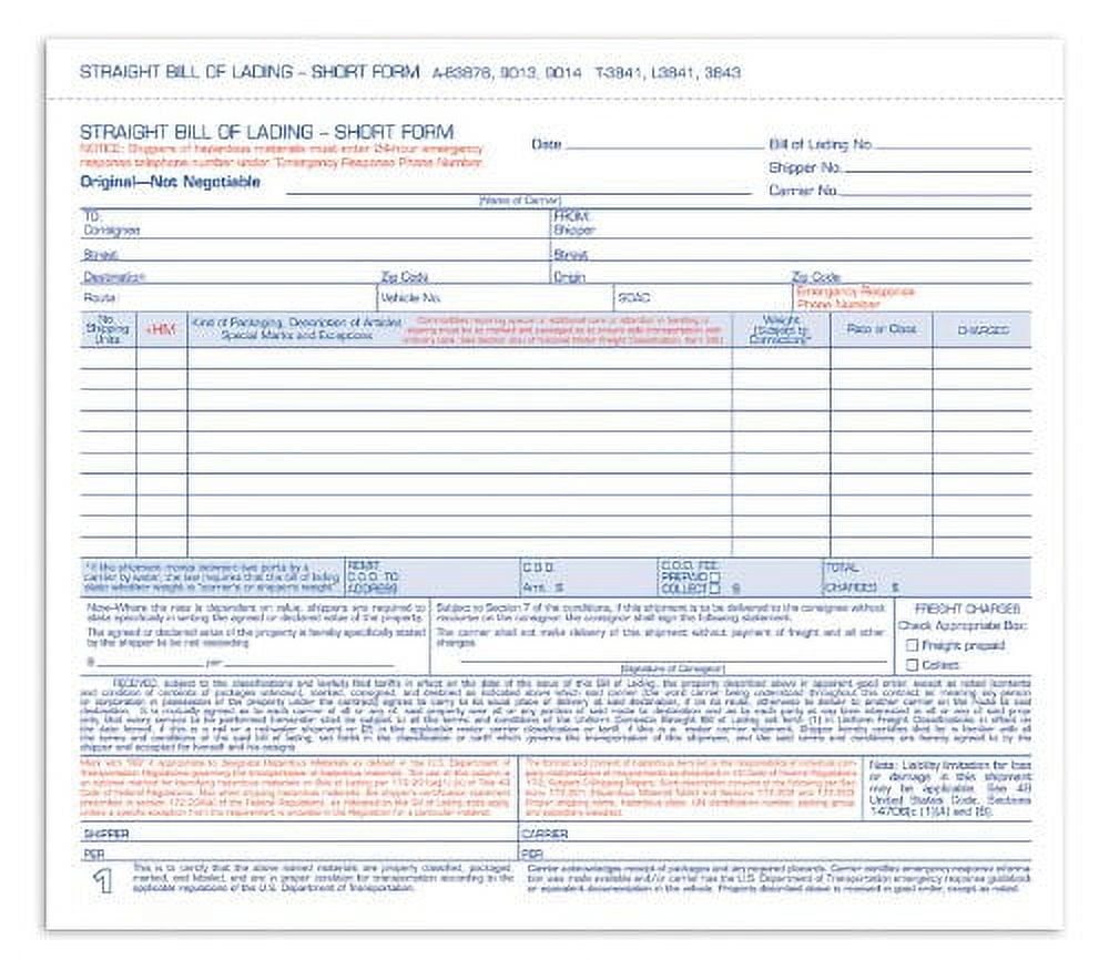 Adams 3-Part Bill of Lading Short Form, White, 8.5 X 7.5 in, 50 Forms ...
