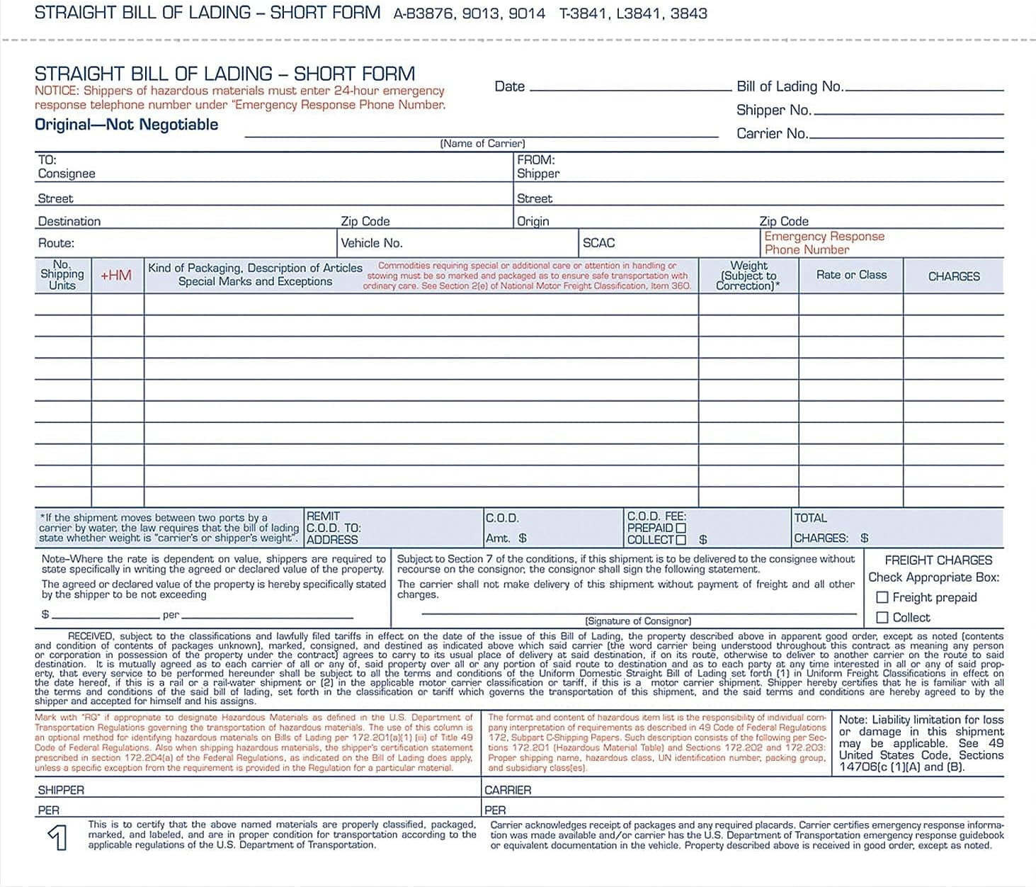 Adams Bill of Lading Short Form, 8.5 X 7.5 Inches, 3-part, 50-forms ...