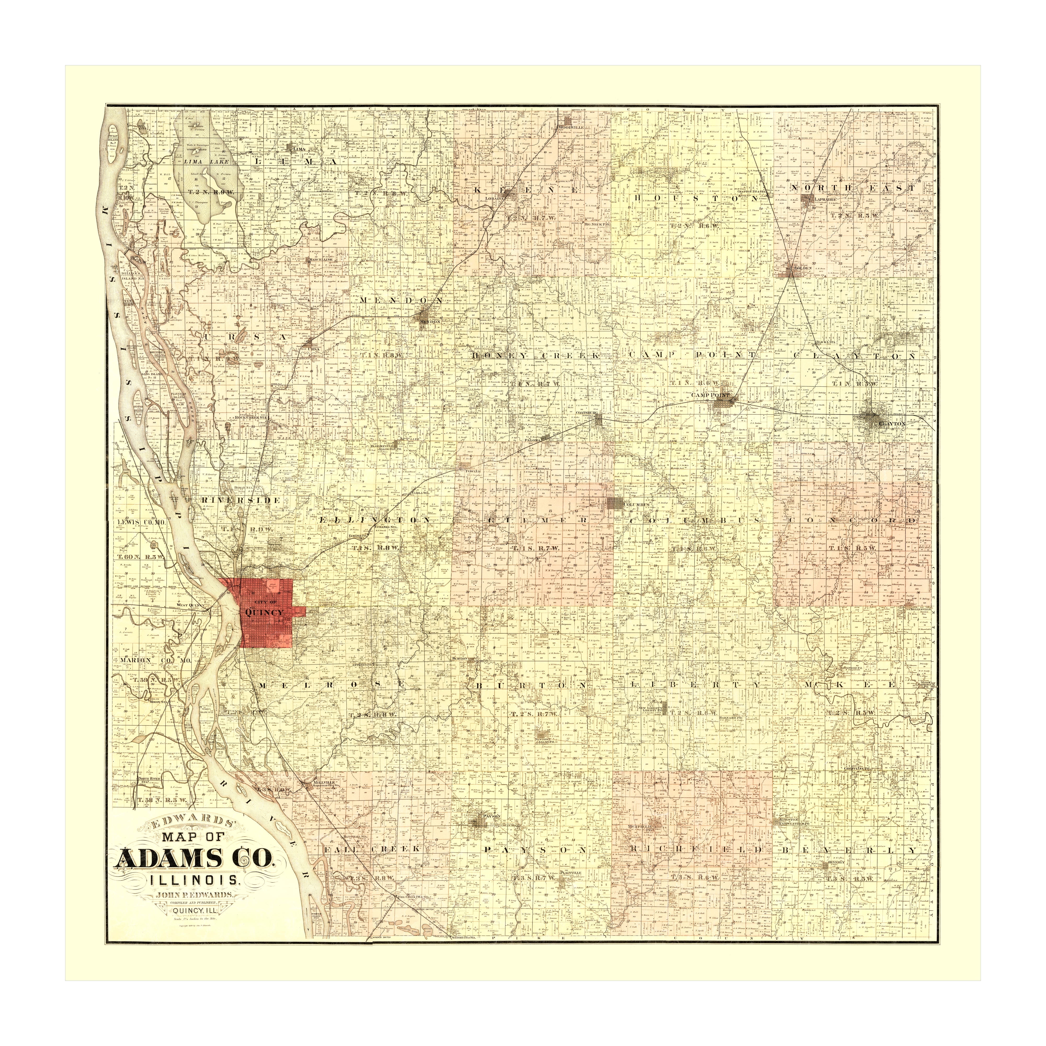 Adams County Illinois Art, 1889 Vintage Map of Adams County IL History ...