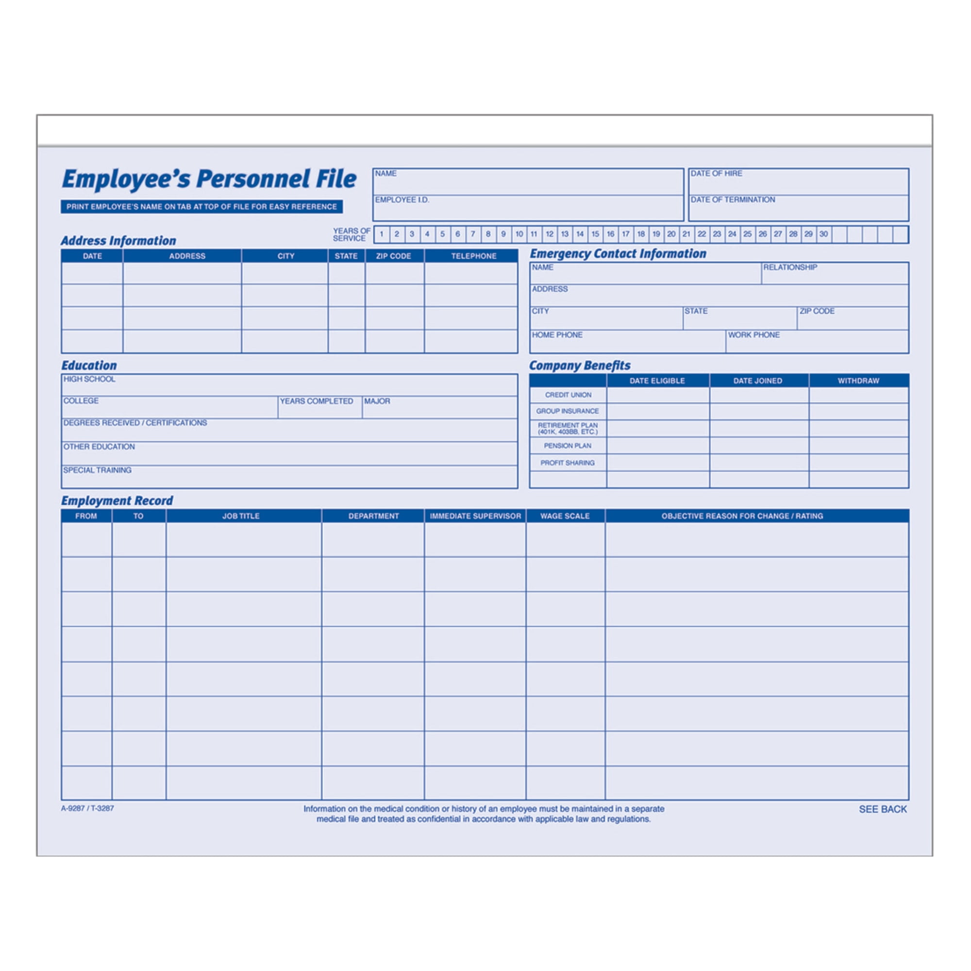 Adams Employee Personnel File Folder, Complete with Space for Details ...