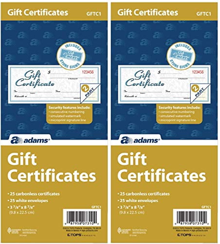 Adams Gift Certificate Book, Carbonless, Single Paper, 3.4 x 8 Inches, White, 2-Part, 25 ...
