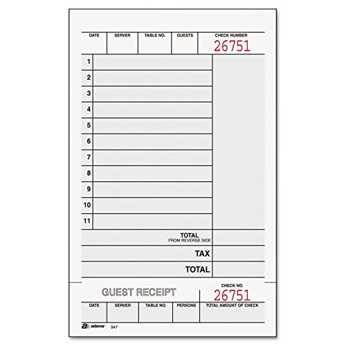 Adams Guest Check Unit Sets, 2-Part, Carbonless, White Bond/Tag, 4-1/4 ...