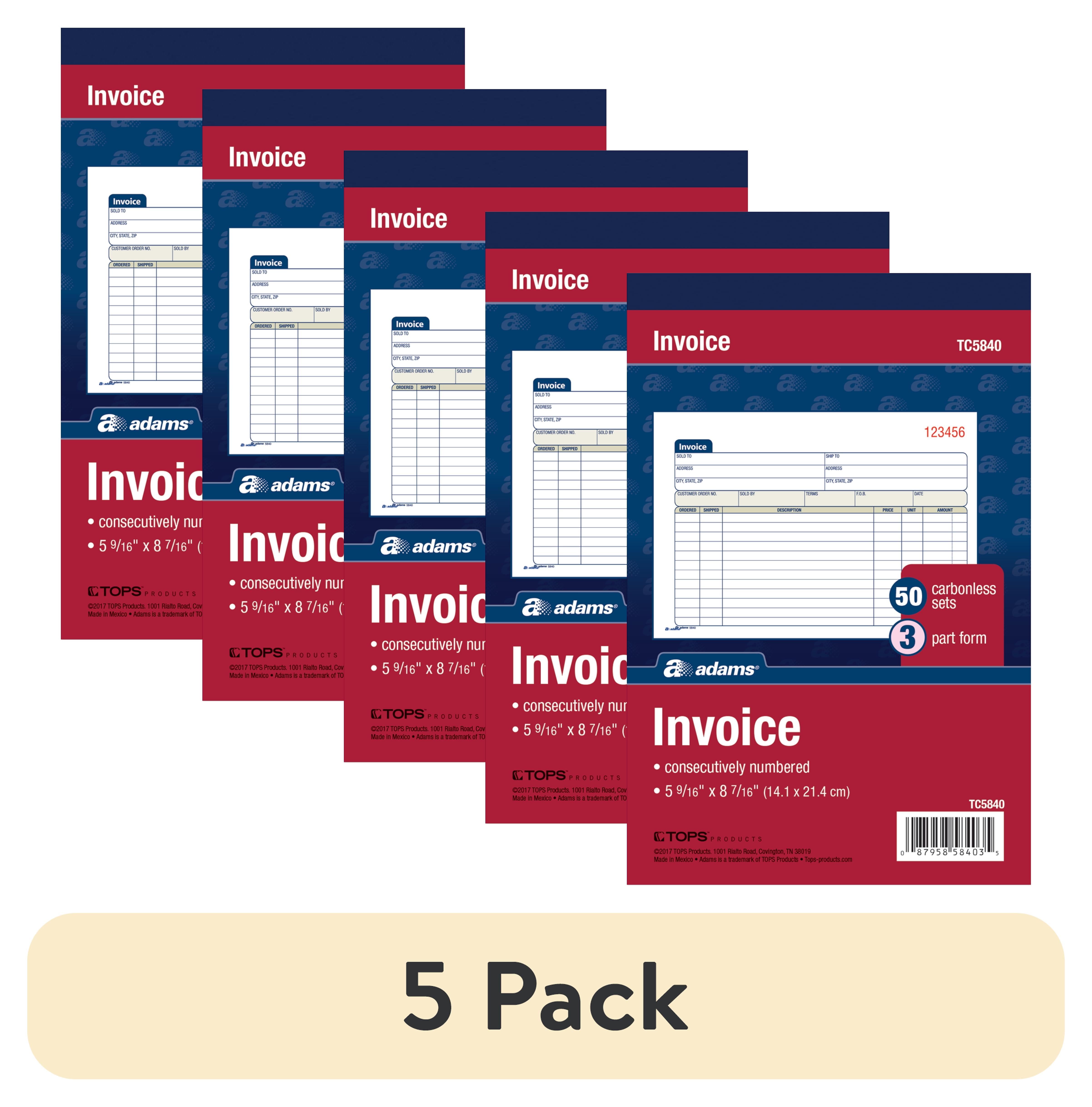 (5 pack) Adams® Invoice Book, 3-Part, Carbonless, White, Canary, Pink ...