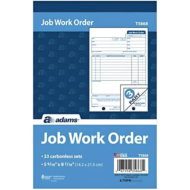 Adams Job Work Order Book, 3-Part Carbonless, White/Canary/White, 5-9/ ...