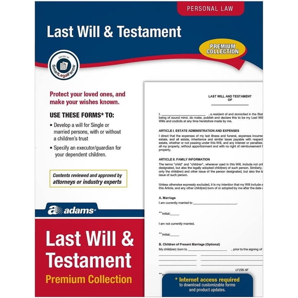 Adams Last Will and Testament, Forms and Instructions, Downloadable ...