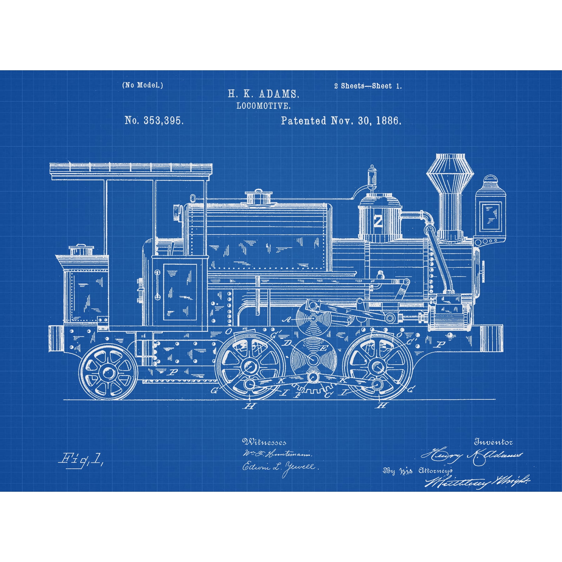 Adams Locomotive Train Rail 1886 Patent Plan Extra Large XL Wall Art ...