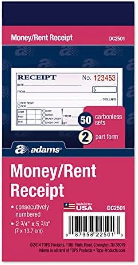 Adams Money and Rent Receipt, 2-3/4 x 5-3/8 Inches, 2-Parts, Carbonless ...