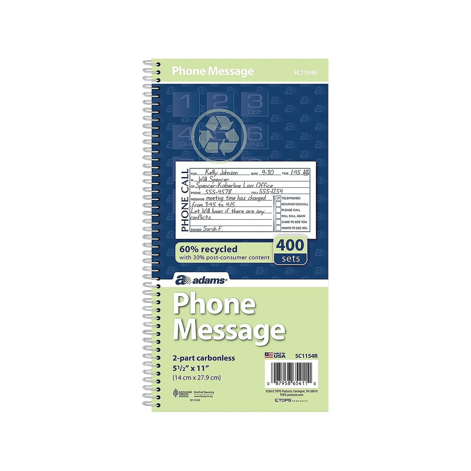 Adams Phone Message Pad 5.5" x 11" Ruled White 100 Sheets/Pad (SC1154R ...