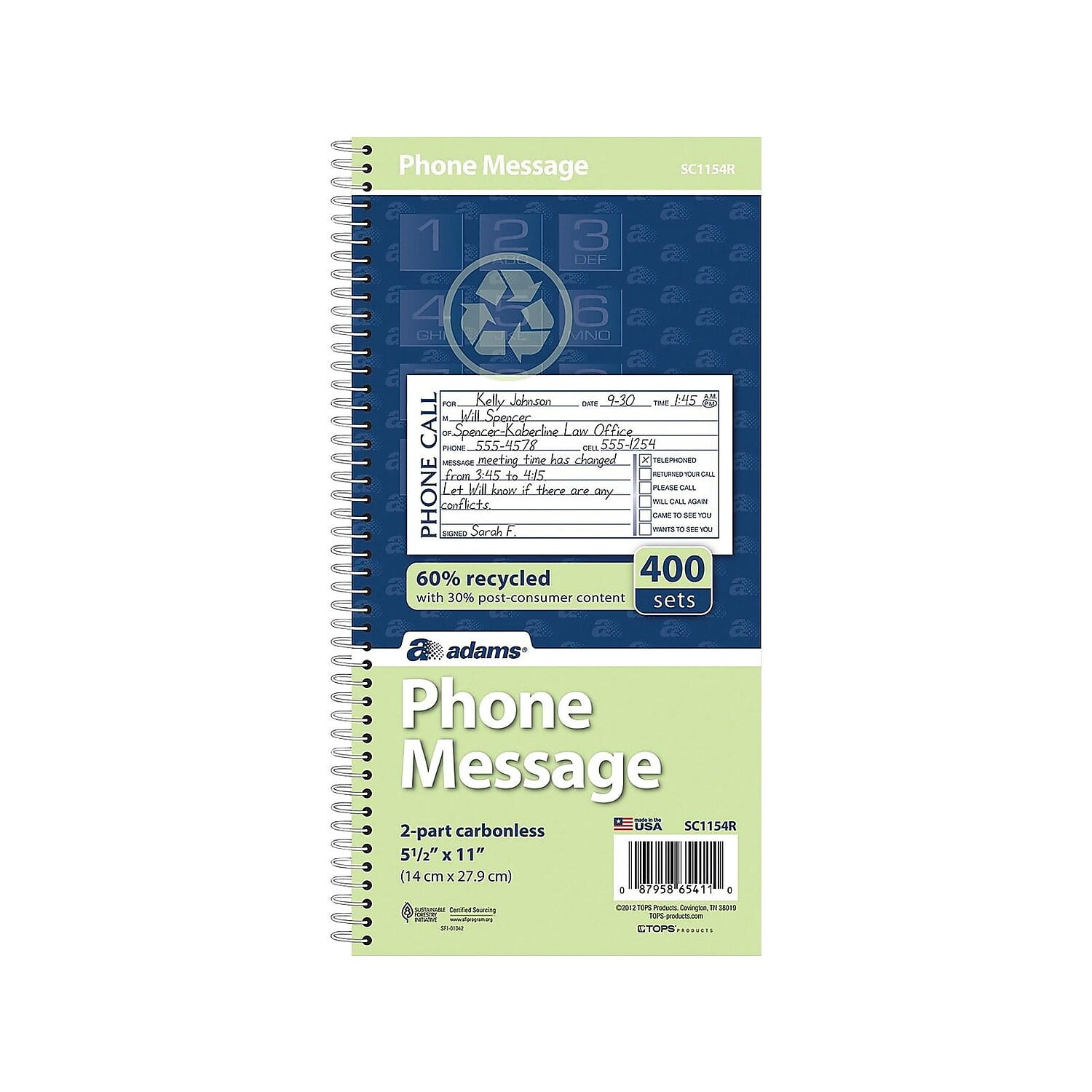 Adams Phone Message Pad 5.5" x 11" Ruled White 100 Sheets/Pad (SC1154R ...