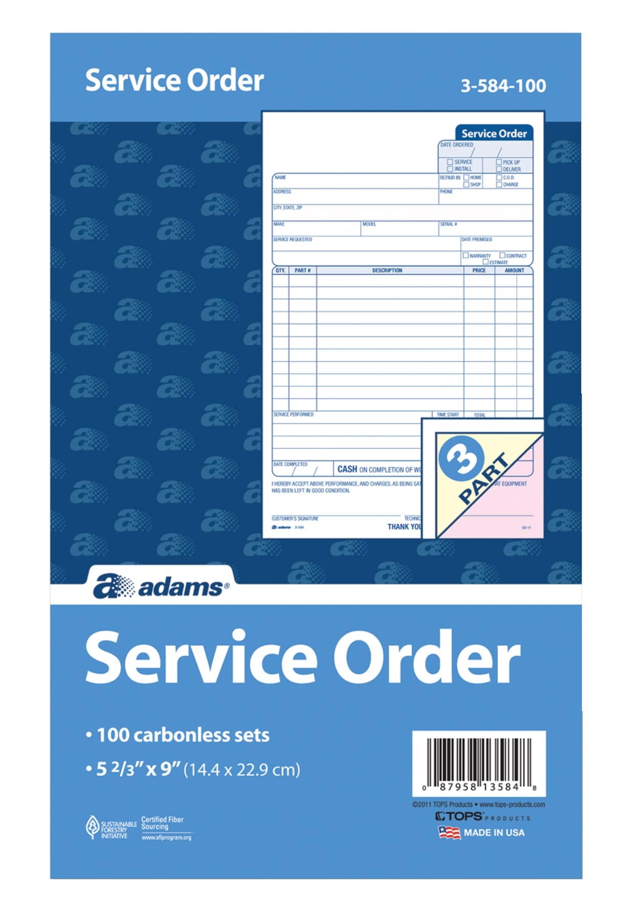 Adams Service Order Form, 3 Part, Carbonless, 5 2/3"X9" Inches, 250 ...