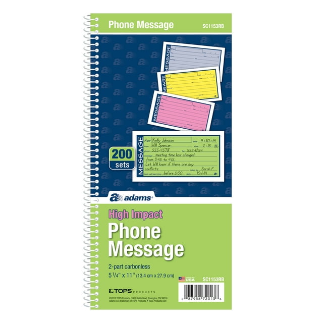 Adams® Wirebound Phone Message Book, 2-Part Carbonless, 5-1/4" x 11 ...