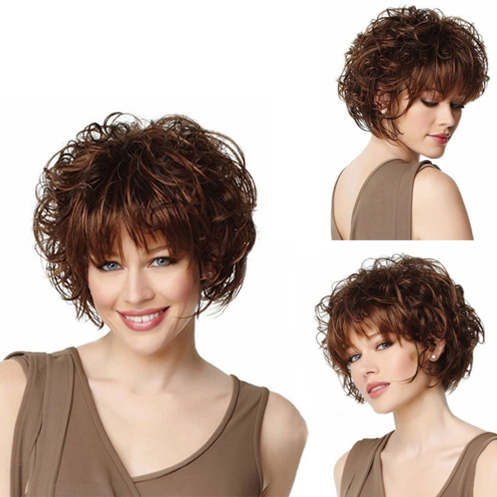 Adapan Short Curly Bob Wig with Bang,Brown Wavy Full Wigs,Natural ...
