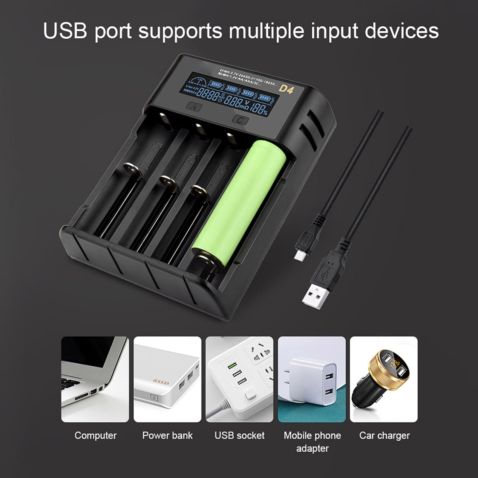 Adapter,18650 21700 26650 Slot 18650 21700 18650 Battery Nimh D4 Lcd ...