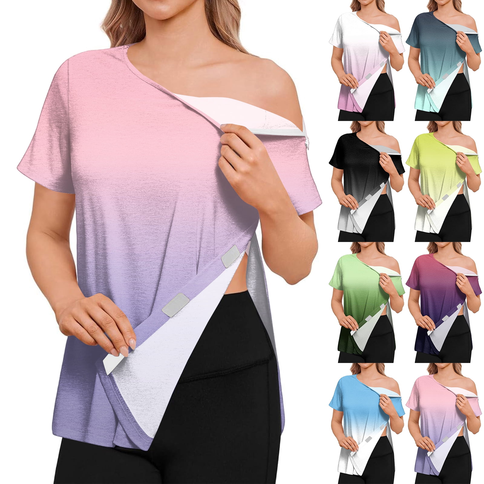 Adaptive Zipper Shoulder Top for Women, Ombre Gradient Short Sleeve ...