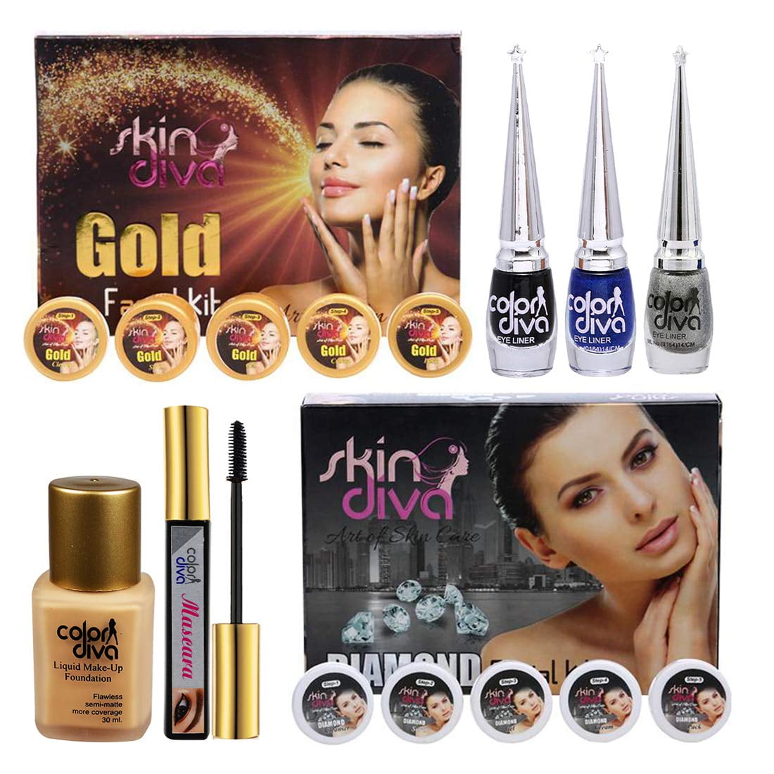 Adbeni Combo Skin Diva Gold Diamond Facial Kit With COLOR DIVA Eyeliner Mascar Foundation Pack ...