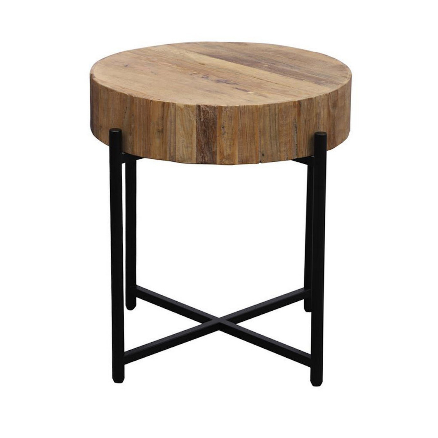 Add 24 Inch Modern Side Table, Round Brown Wood Top, Black Iron Cross ...