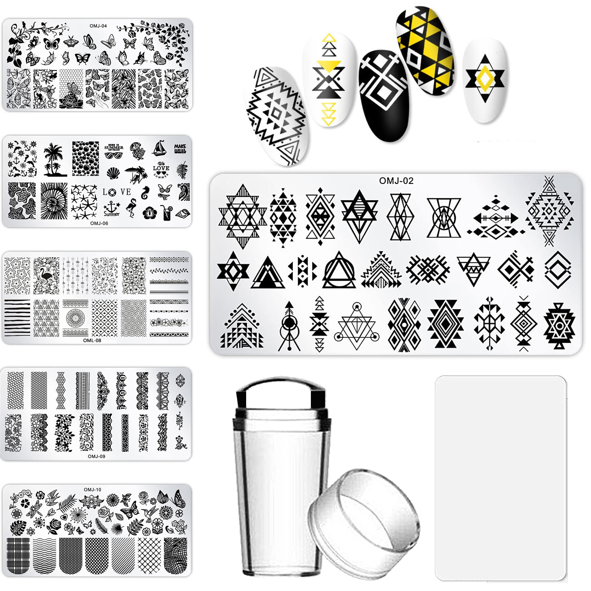 AddFavor Nail Stamper Kit TMA2 6pcs Flower Lace Nail Stamping Plate Butterfly Leaf Geometry ...