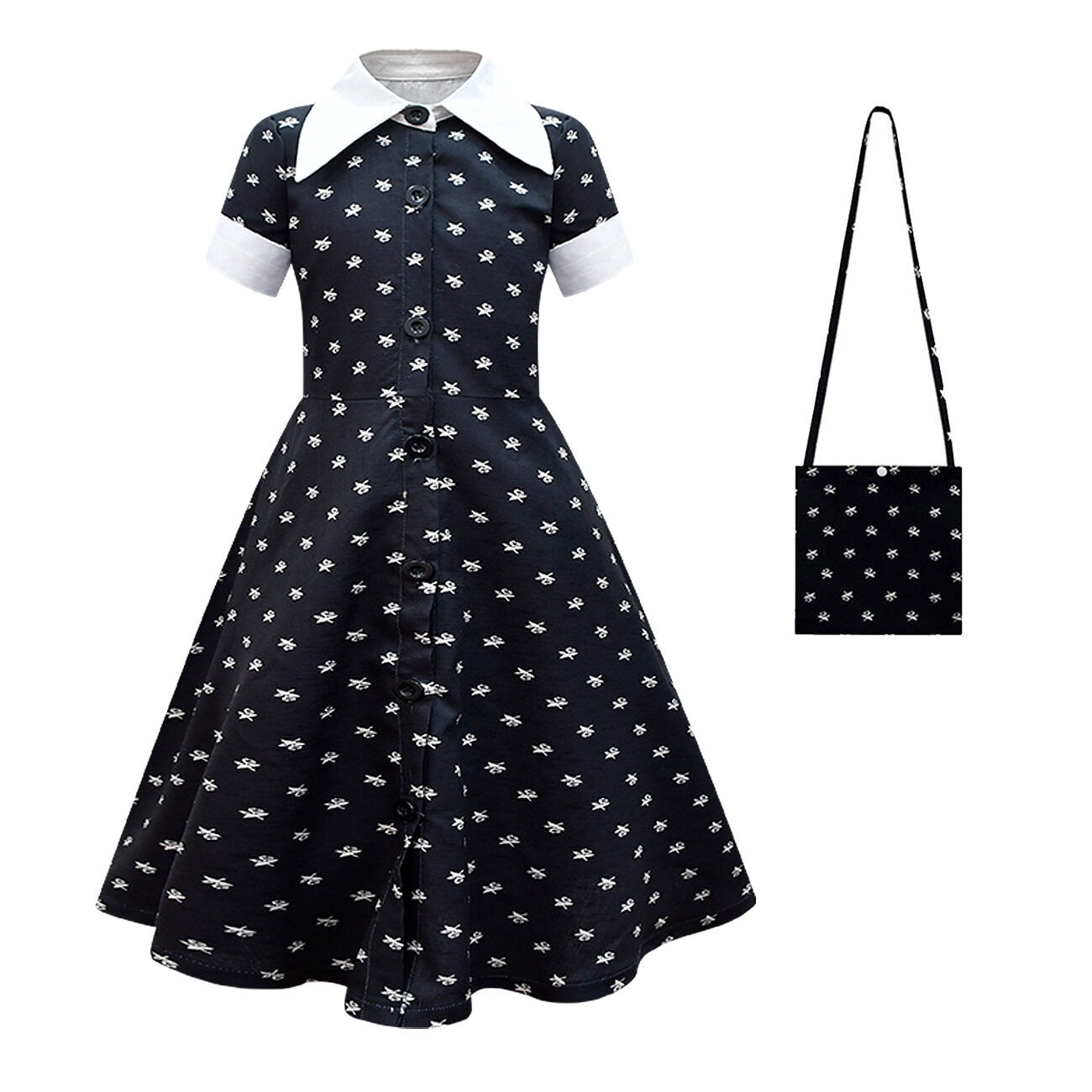 Addams Costume Girls Summer Short Sleeve Dress with Black Bag - Walmart.com